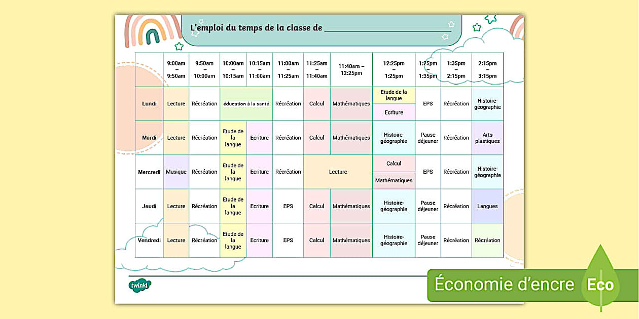 Emploi du temps modifiable - Planning hebdomadaire - Twinkl