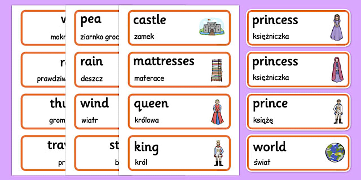 The Princess and the Pea Word Cards Polish Translation