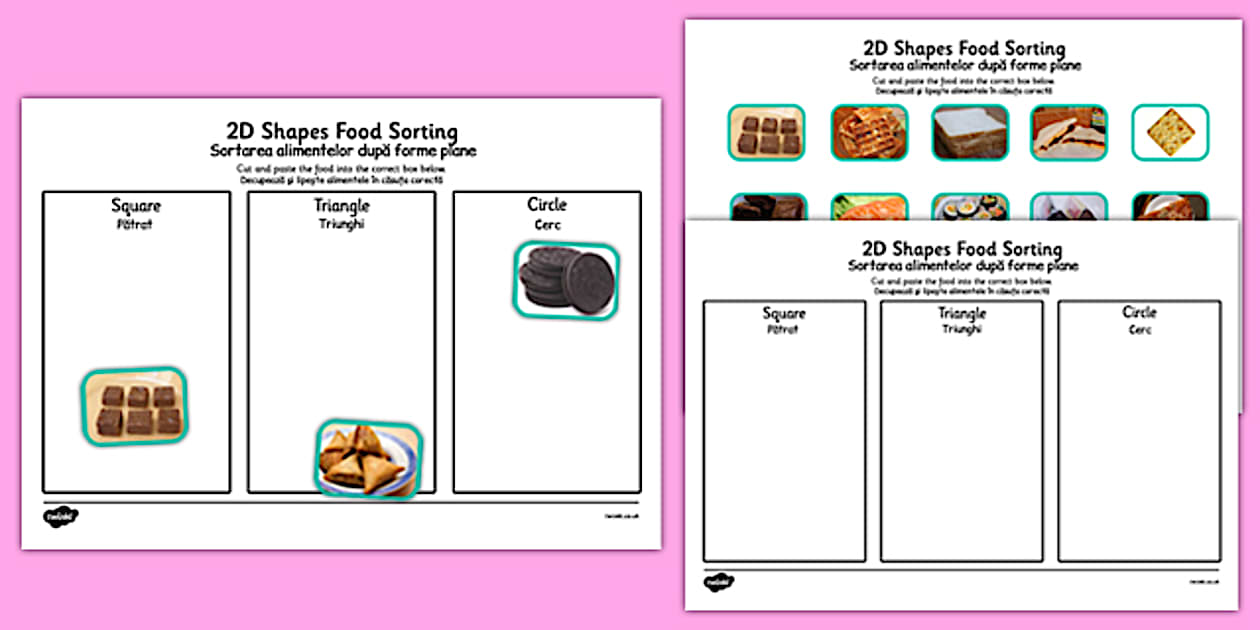 Food 2D Shape Sorting Activity Romanian Translation - Twinkl