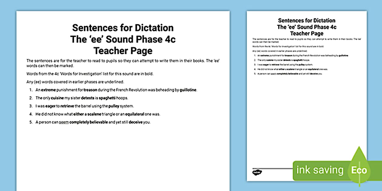 ee Phonics Sentences Dictation Activity - Primary Resources
