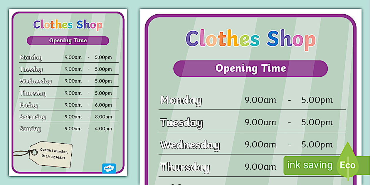 Clothes Shop Opening Times (teacher made) - Twinkl