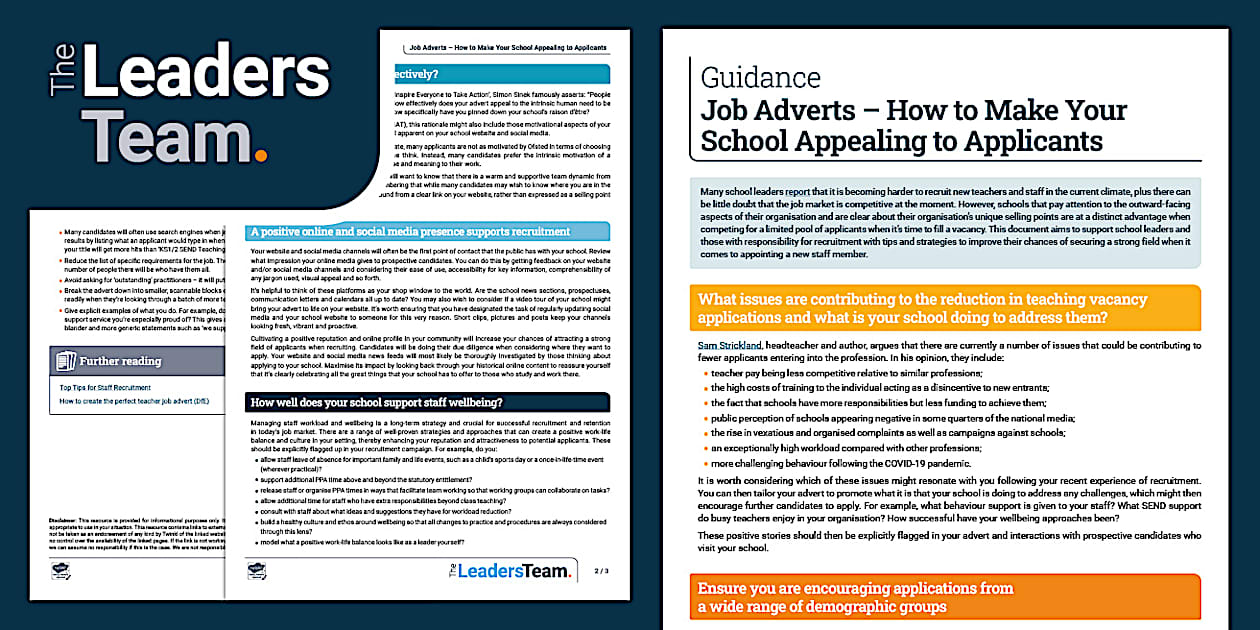Teacher Job Advert - Guidance for the SLT (teacher made)
