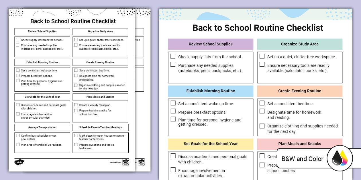 Back to School Routine Checklist for Parents (teacher made)