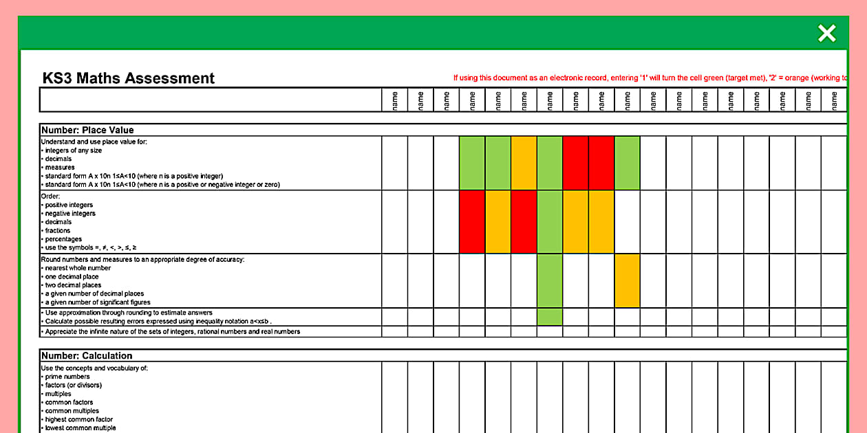 KS3 Maths Assessment Spreadsheet (teacher made) - Twinkl