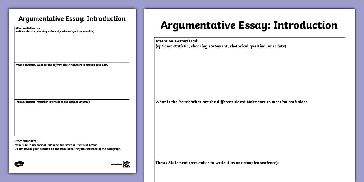 Argumentative Essay Introduction Graphic Organizer for 6-8