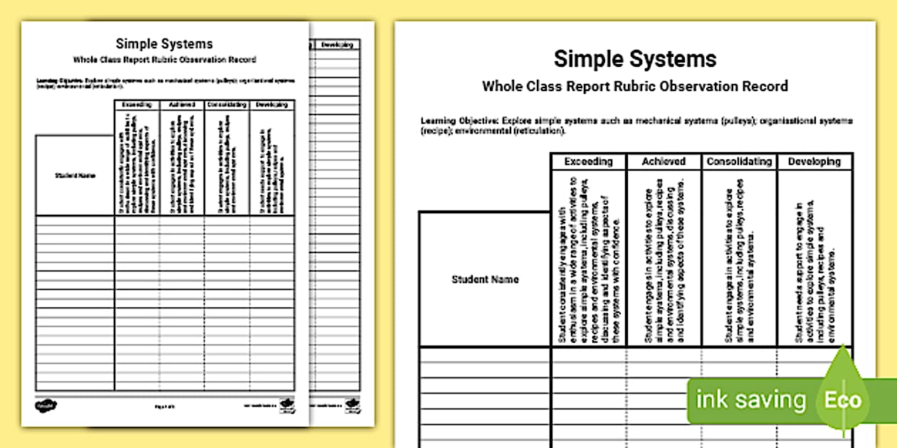 Editable Simple Systems EYLF Assessment Rubric/Guide to Making Judgement
