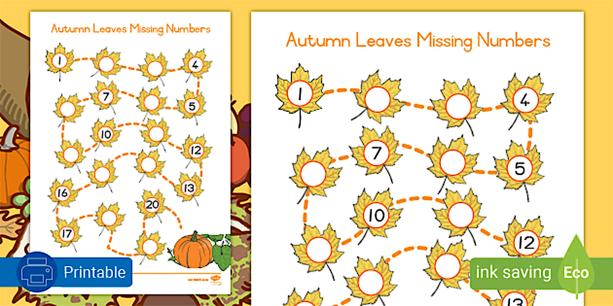 Grade 1 - Worksheet: Fill in the Missing Numbers - Autumn
