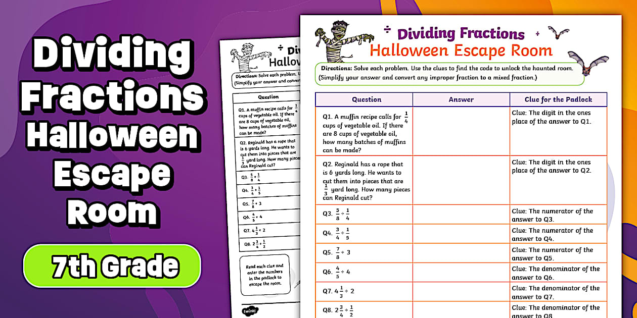 Dividing Fractions Halloween Escape Room Worksheet