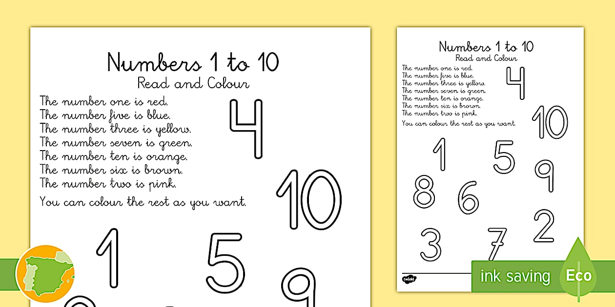 Ficha de actividad: lee y colorea los números 1-10 en inglés
