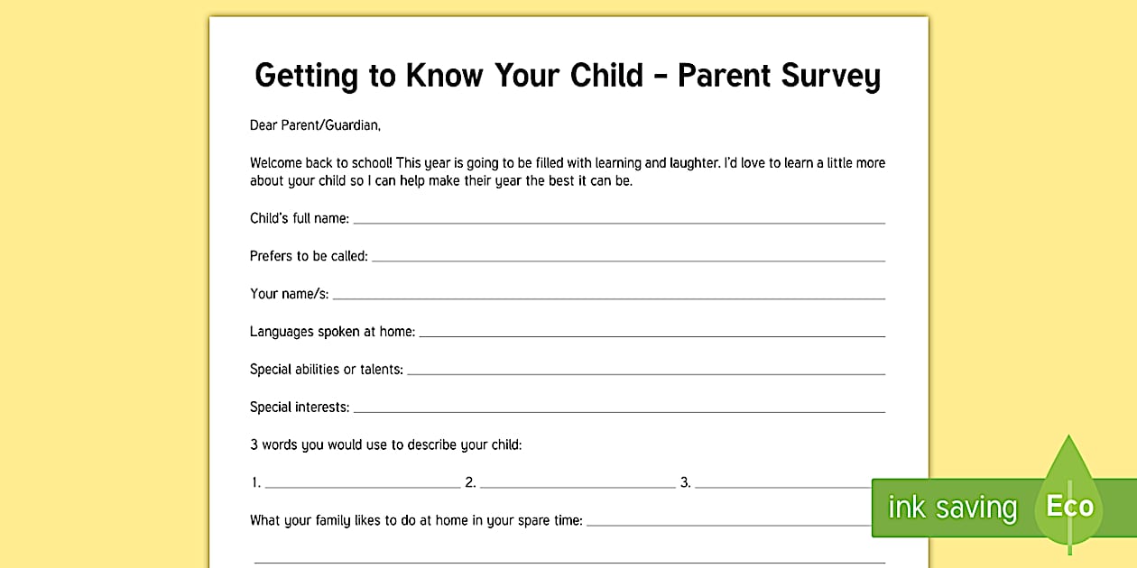 Editable Getting to Know Your Child – Parent Survey Fact Sheet