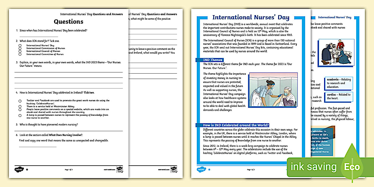 UKS2 International Nurses Day Differentiated Reading Comprehension Activity