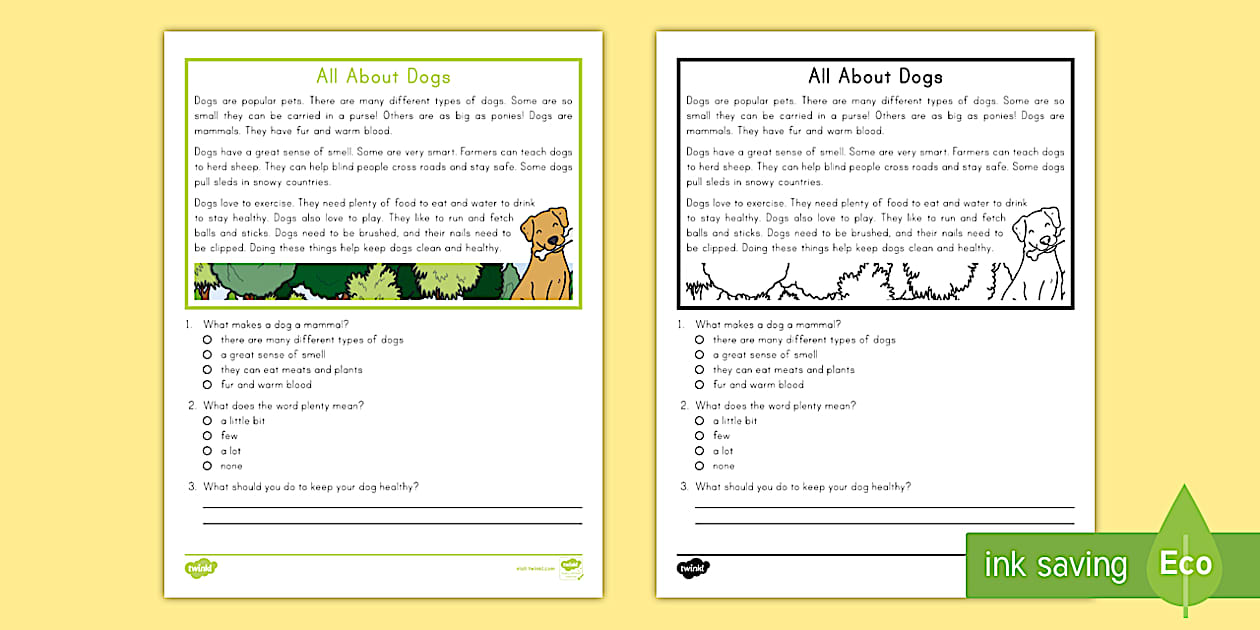 Dogs Reading Passage Worksheet for Kids | Twinkl USA