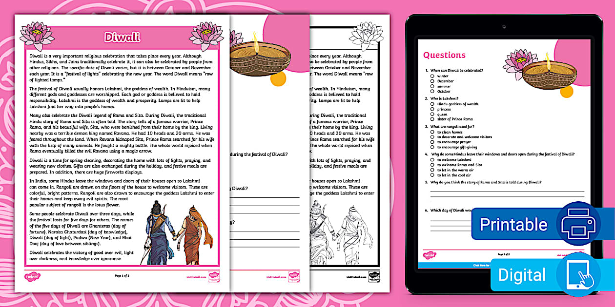 Fifth Grade Diwali Reading Comprehension Worksheet - Twinkl
