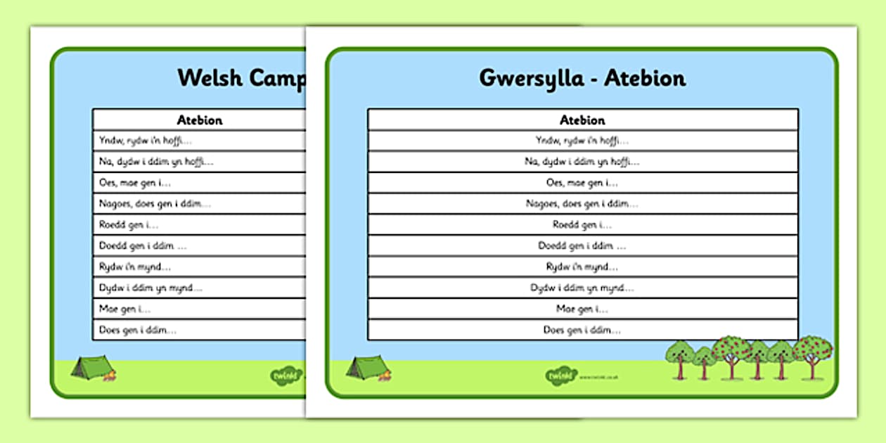 Cursive Welsh Camping Vocabulary Answers (teacher made)