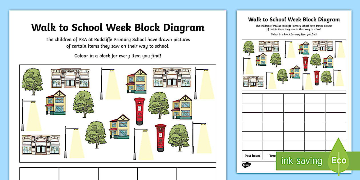 Black and White CfE First Level Walk to School Week Block Diagram Worksheet