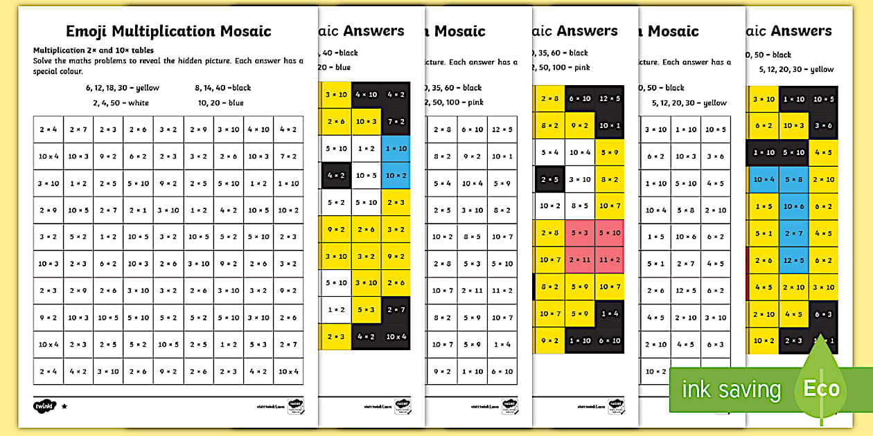 Higher Ability KS1 Emoji Multiplication Mosaics Differentiated Worksheets