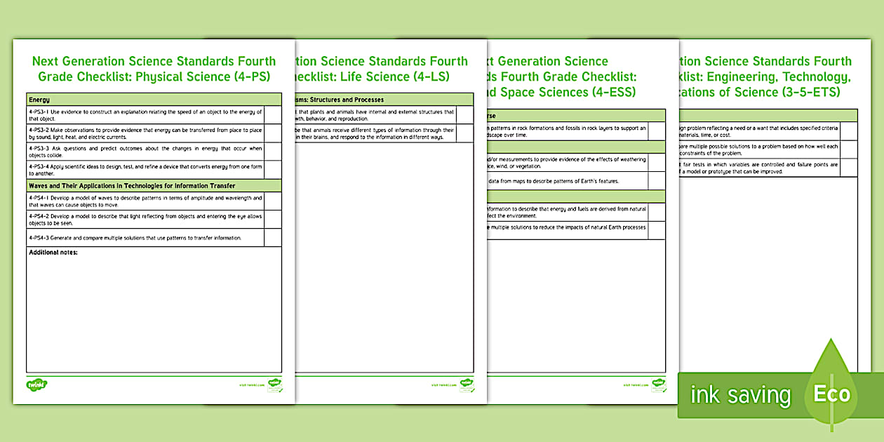 Next Generation Science Standards Fourth Grade Checklist