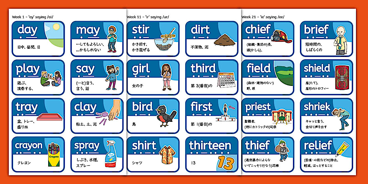 Phonics Level 5 Word Cards with Japanese Translations and Illustrations