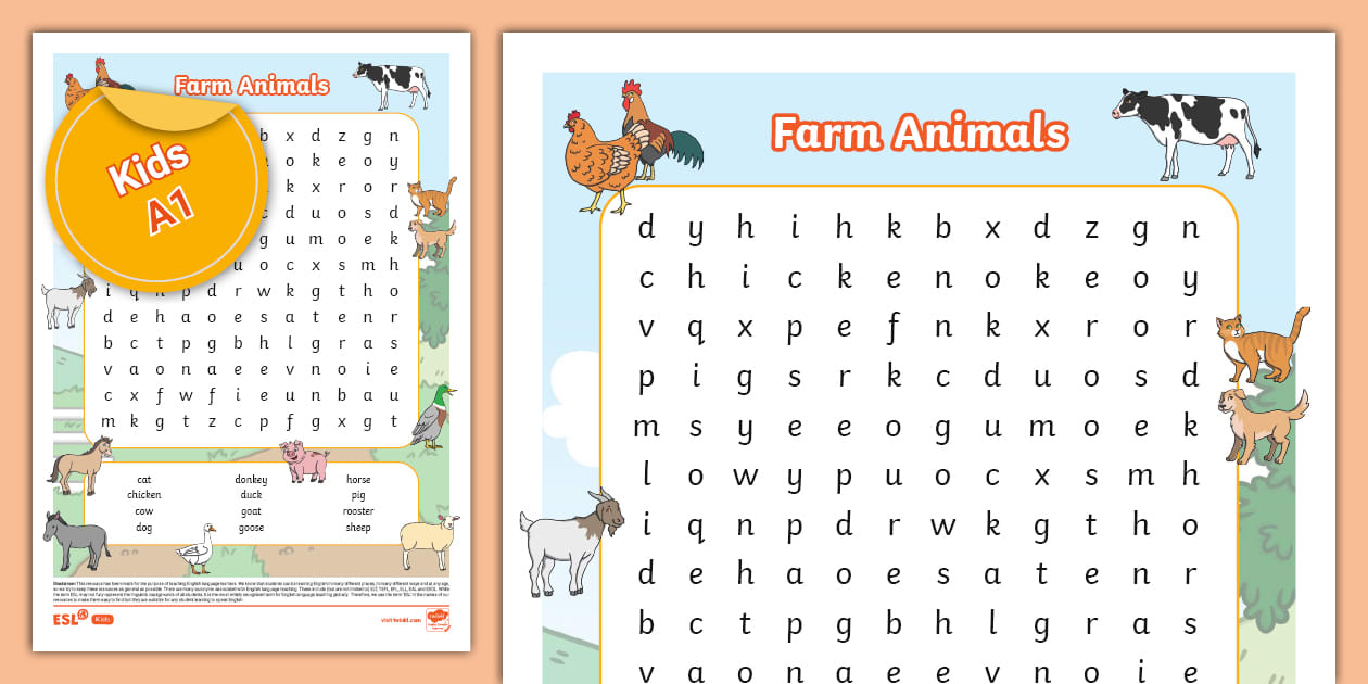 ESL Farm Animals Word Search [Kids, A1] - Twinkl