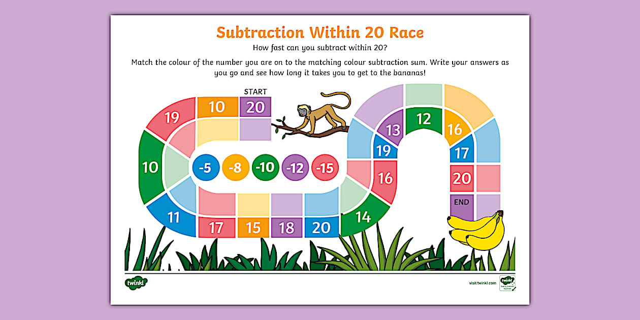 👉 Subtraction Within 20 Race Worksheet - Twinkl