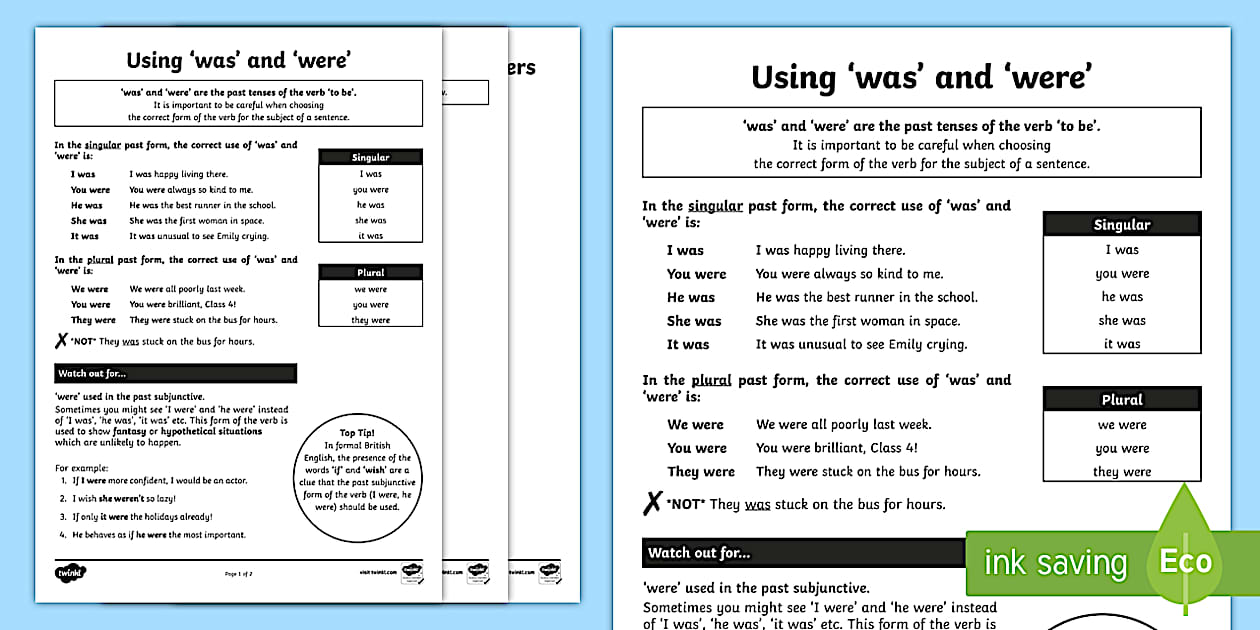 Was and Were Rules and Quiz Sheets (teacher made) - Twinkl