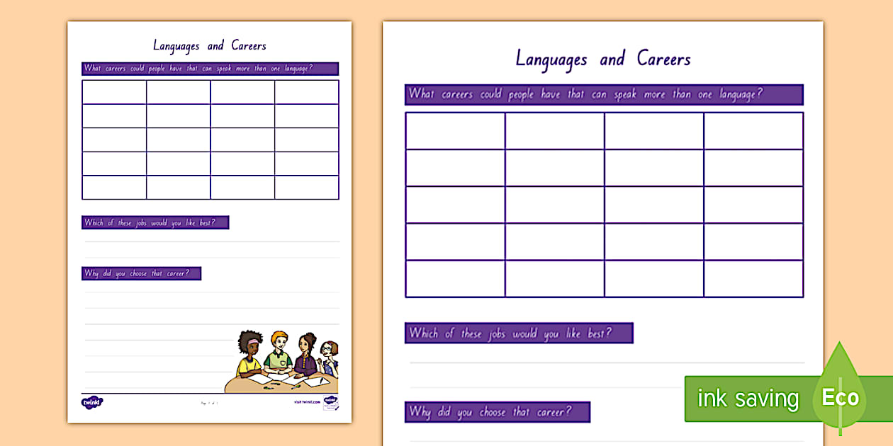Black and White Careers and Languages Worksheet - Twinkl