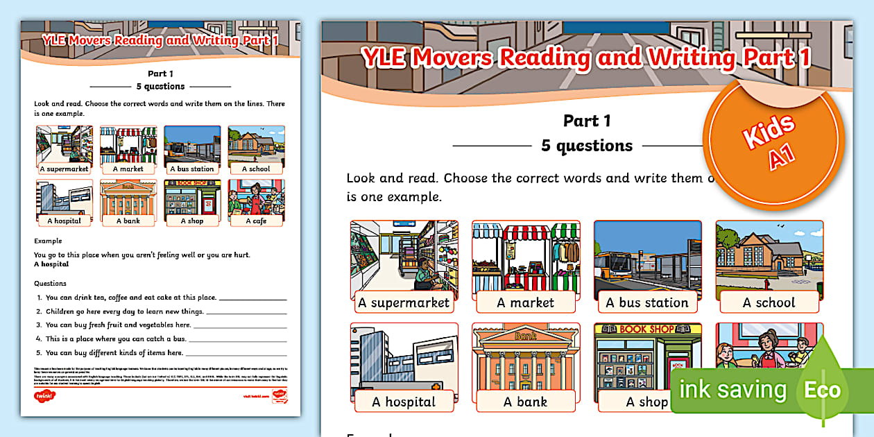 YLE Movers - Reading and Writing Part 1 - Practice Sheet (Town) [A1]