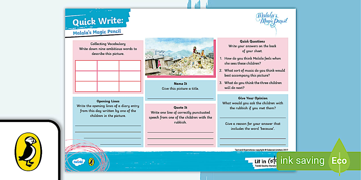 FREE! - Malala’s Magic Pencil: Worksheet Quick Write Activity Mat