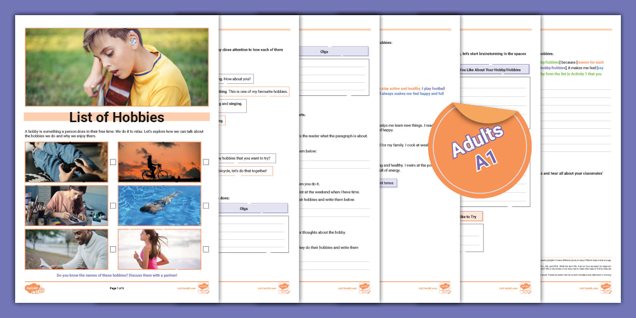 ESL List of Hobbies Writing Activity [Adults, A1] - Twinkl