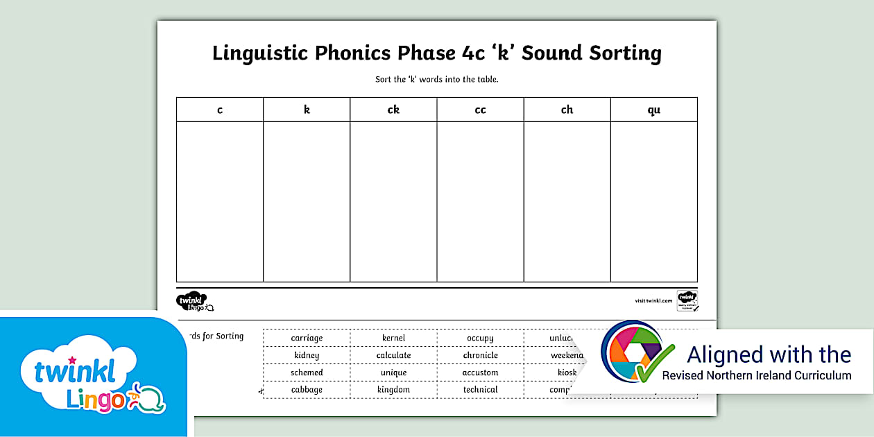 Linguistic Phonics Phase 4c 'k' Sound Sorting Worksheet
