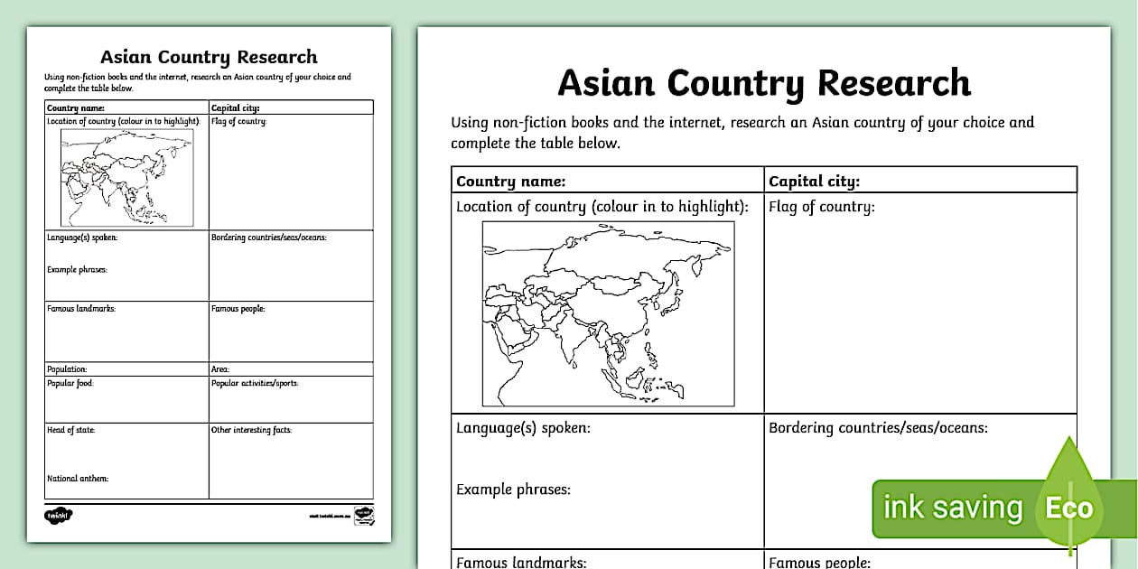 Asian Country Research Worksheet (teacher made) - Twinkl