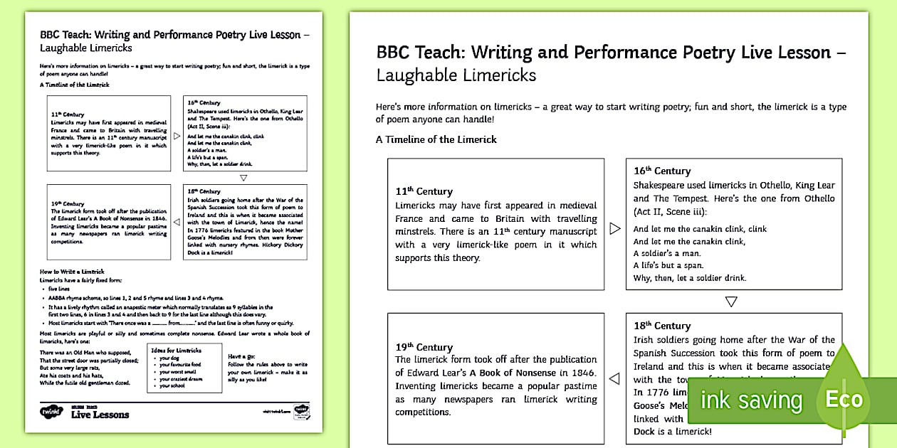 FREE! - BBC Teach: Writing and Performance Poetry Live Lesson - Limericks
