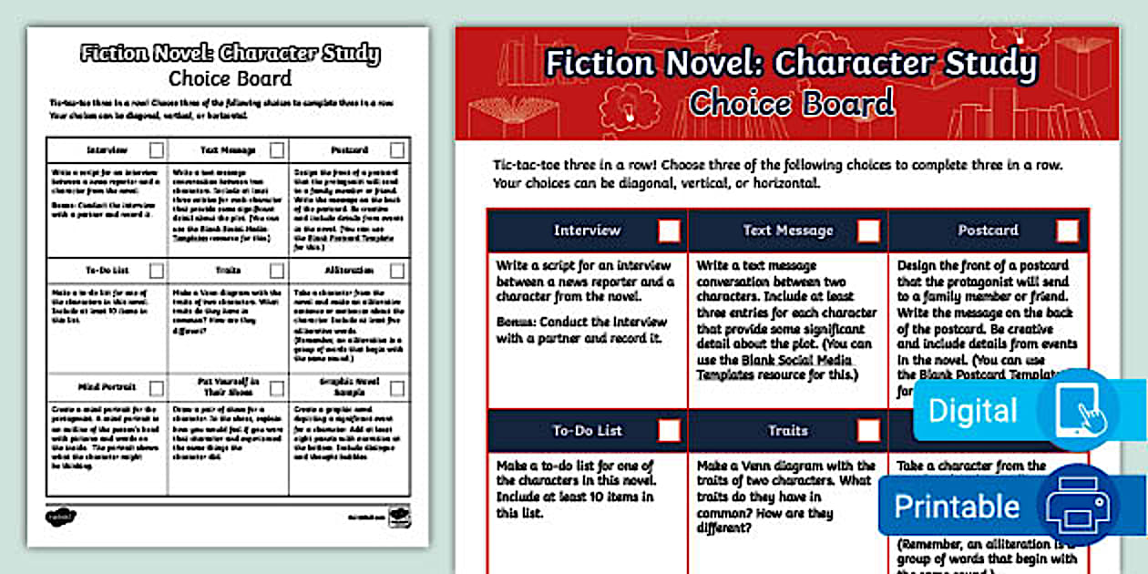 Fiction Novel: Character Study Choice Board - Volume 1