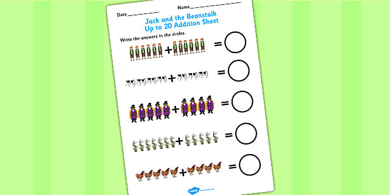 Editable Jack and the Beanstalk Up to 20 Addition Sheet