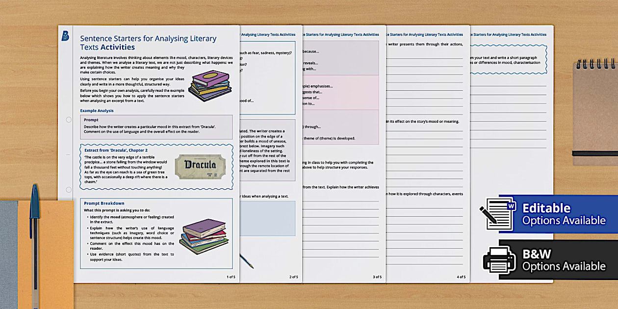 Sentence Starters for Analysing Literary Texts - Twinkl