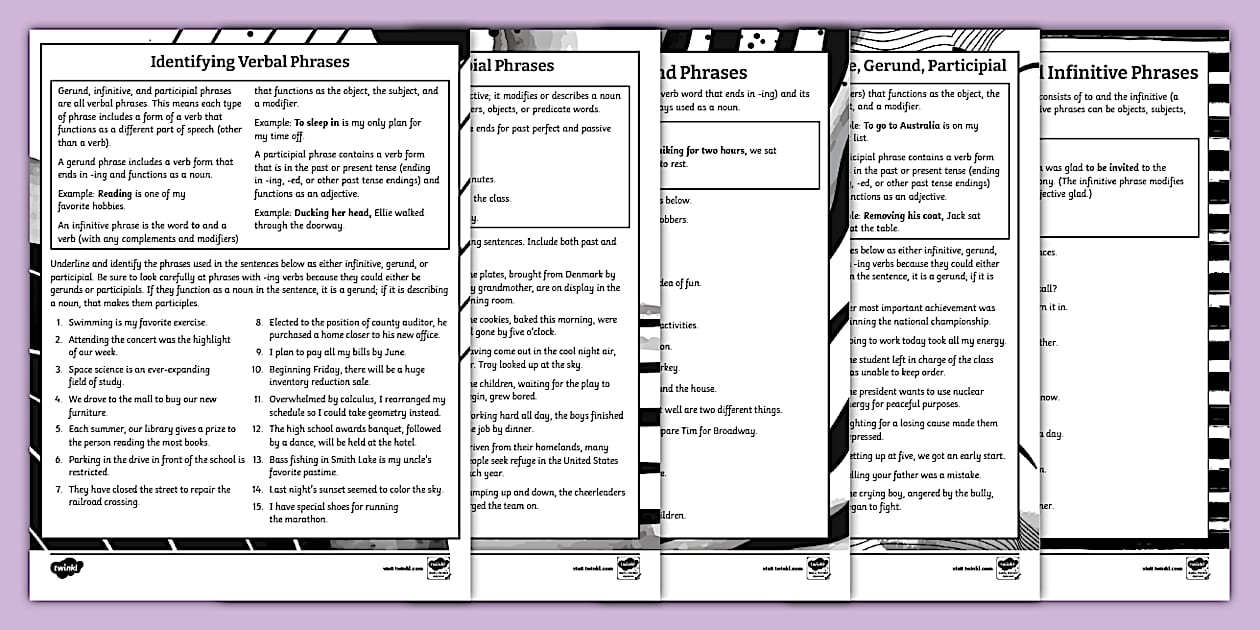 Verbal Phrases Resource Pack for 6th-8th Grade - Twinkl