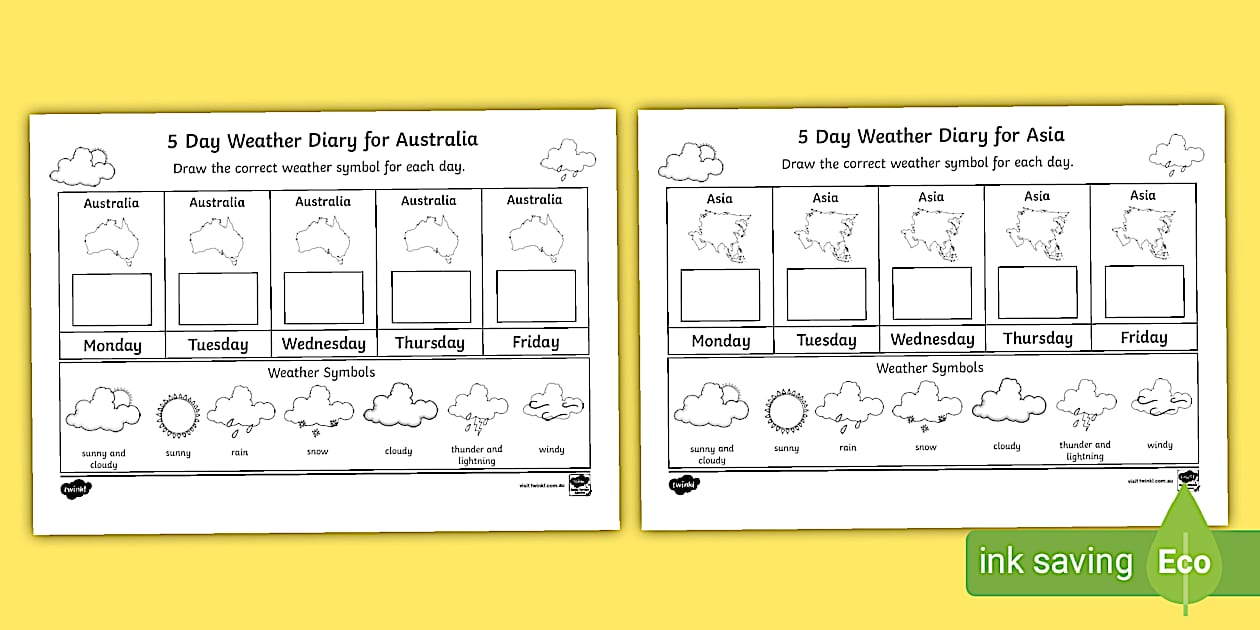 5 Day Weather Diary for Australia and Asia Worksheets