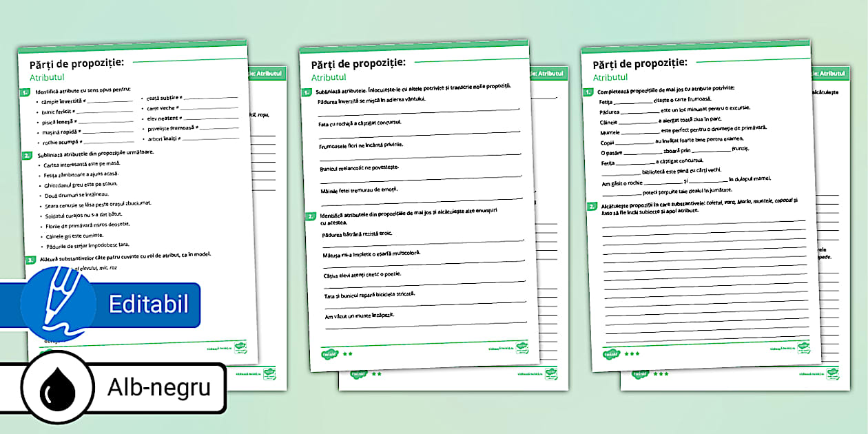 Părți de propoziție: Atributul - Fișe de lucru diferențiate