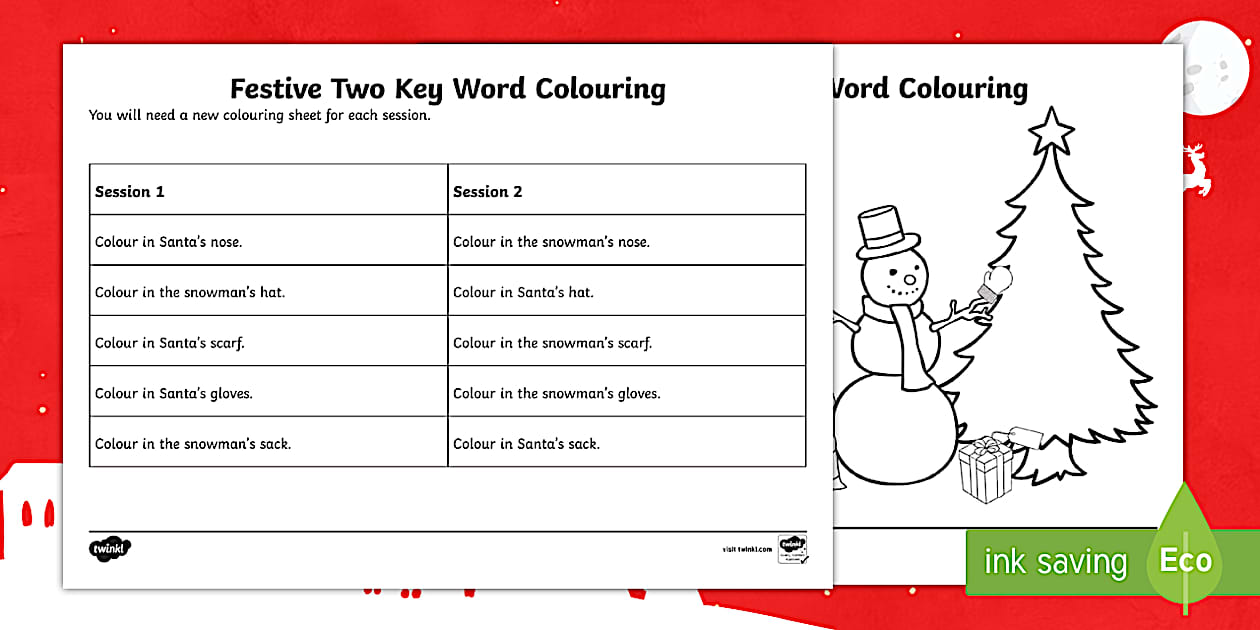 Festive Two Key Word Colouring Sheet Worksheet / Worksheet
