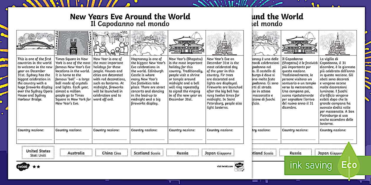 New Year's Eve Around the World Differentiated Worksheet / Worksheet