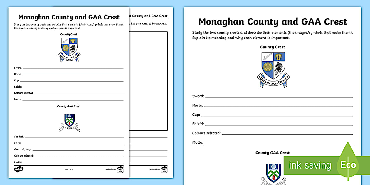 Monaghan County and GAA Crest Worksheet / Worksheet - Twinkl