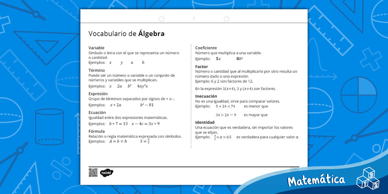 Vocabulario Álgebra | Matemáticas | 8° básico - Twinkl
