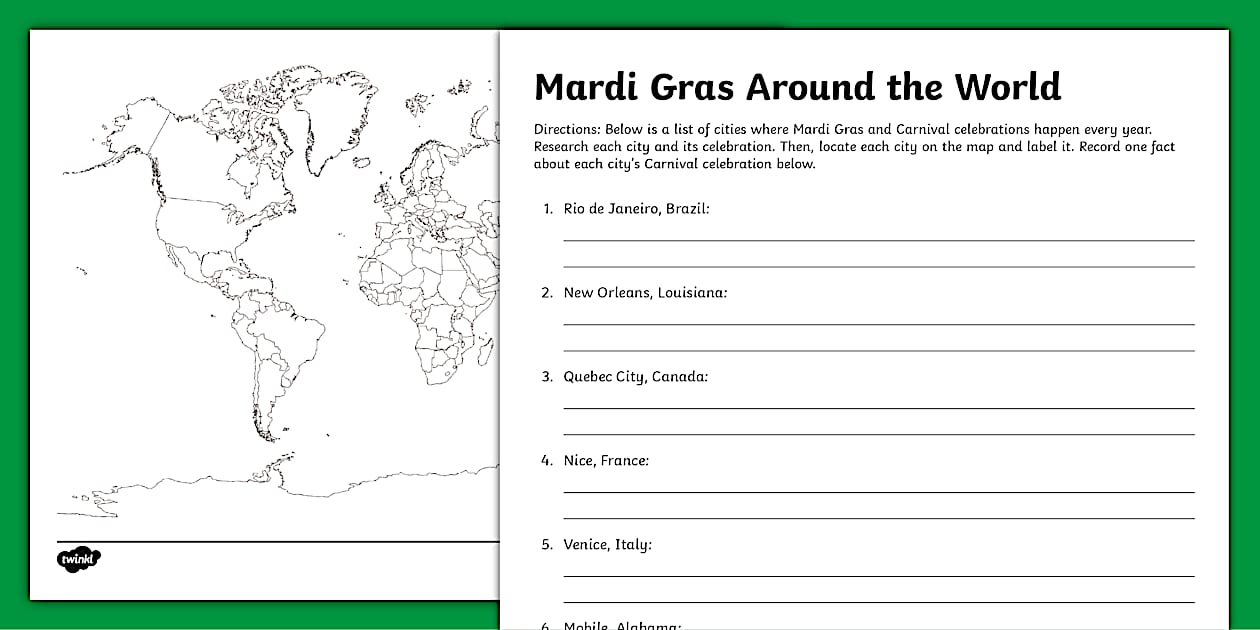 Mardi Gras Around the World Map Labeling Worksheet for 3rd-5th Grade