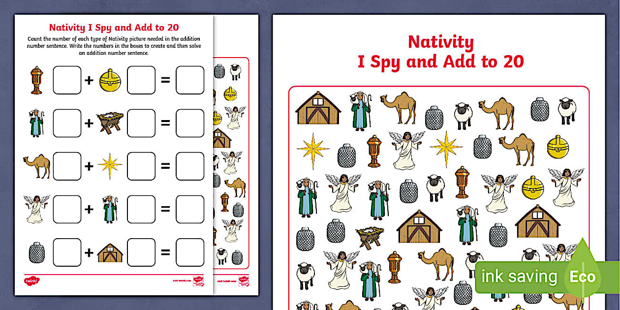 Nativity I Spy and Add to 20 Activity (teacher made)