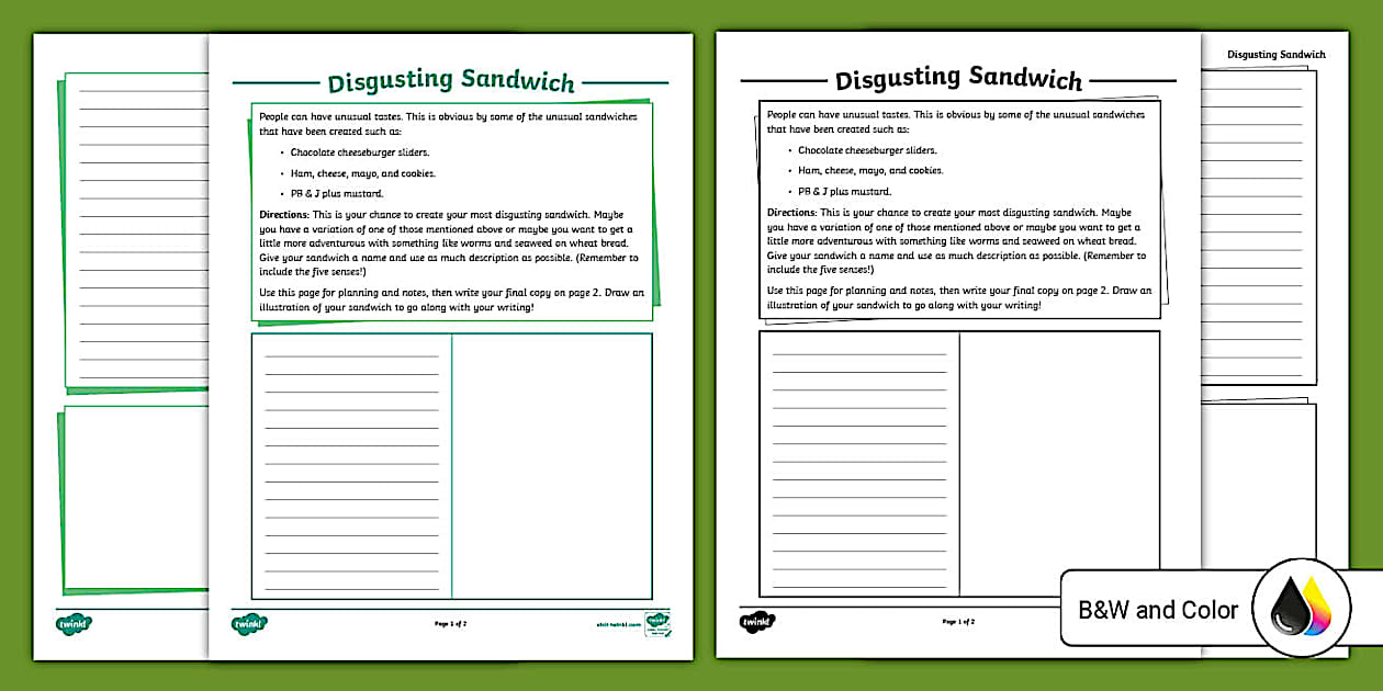 Disgusting Sandwich Writing Worksheet 6th-8th Grade - Twinkl