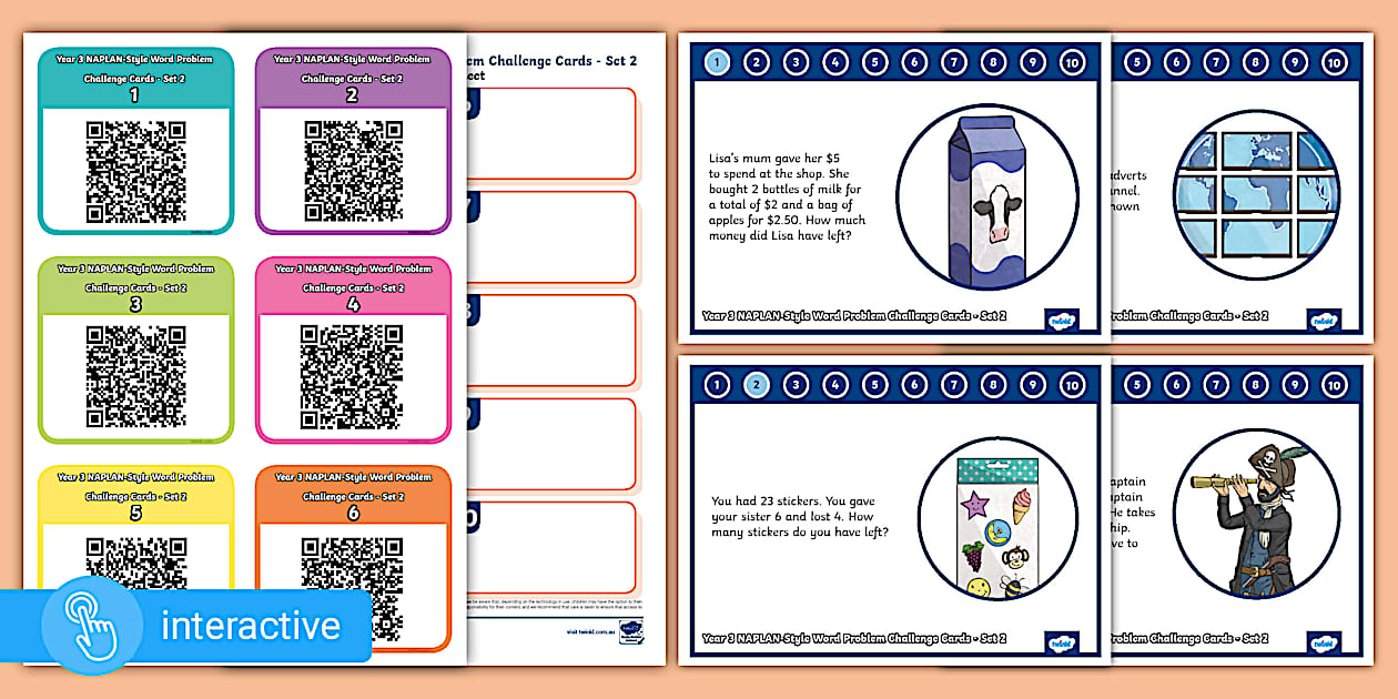 Year 3 NAPLAN-Style Word Problem Cards with QR Codes - Set 2