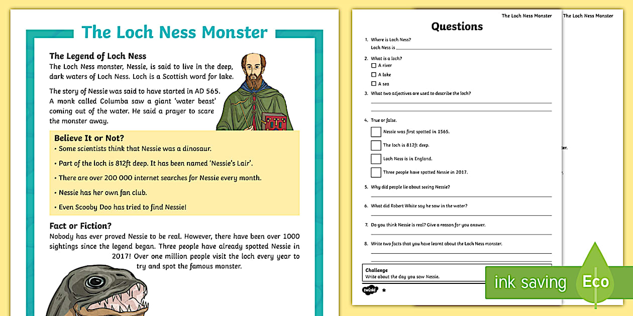 Editable Loch Ness Monster Differentiated Reading Comprehension Activity