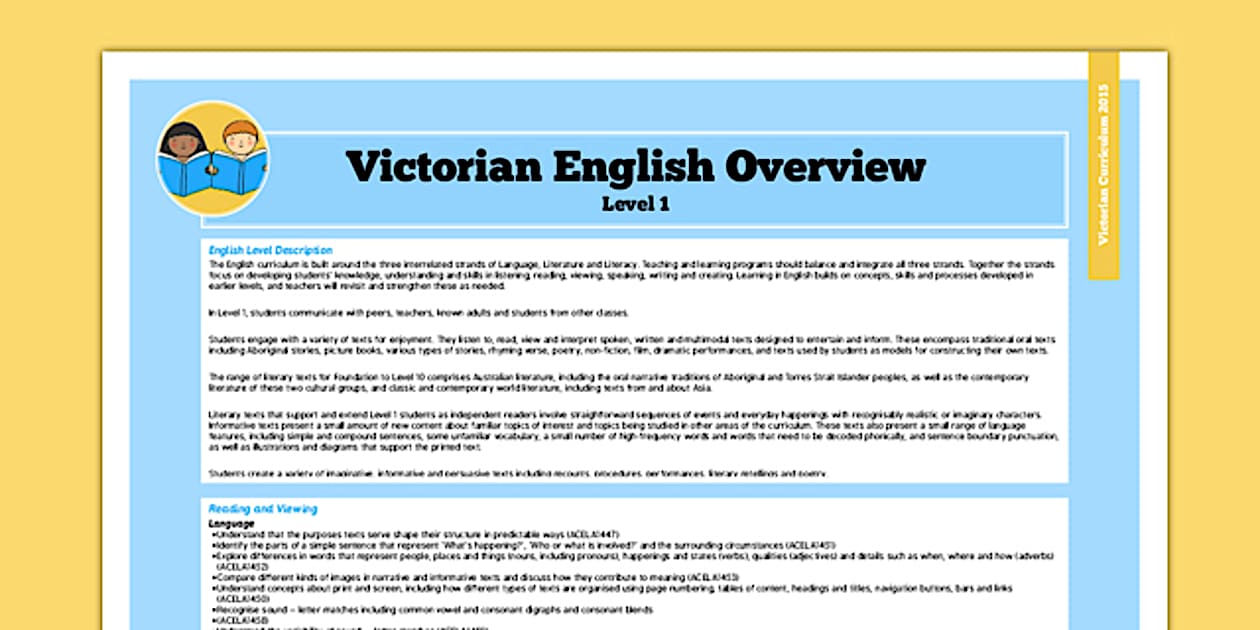 Black and White AusVELs Victorian Curriculum Level 1 English Overview