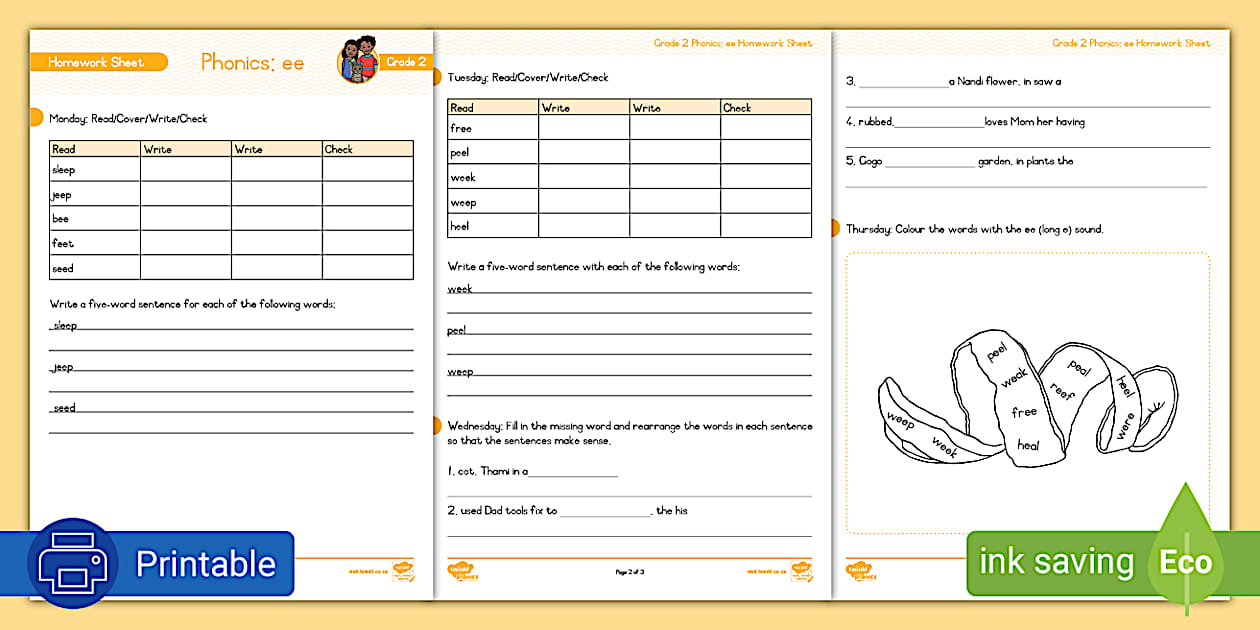 Grade 2 Phonics: ee Homework Sheet