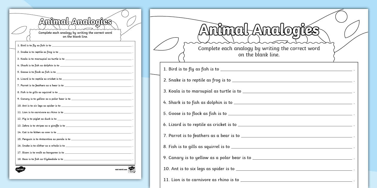 Animal Analogies Worksheet for 6th-8th Grade (Teacher-Made)